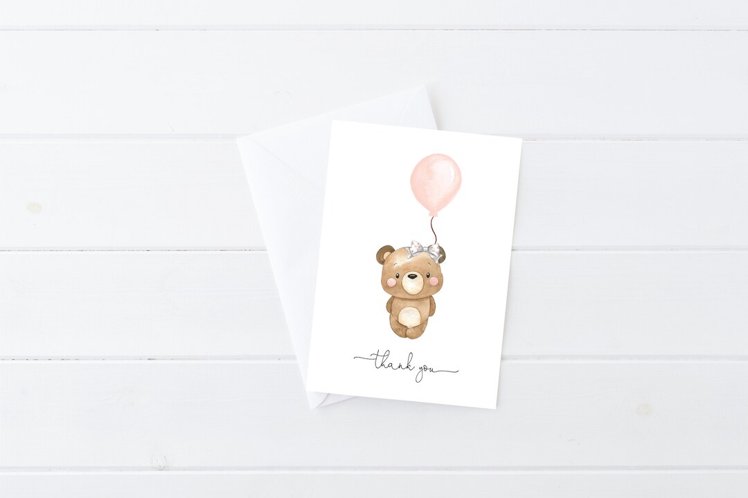 Pink Bear Thank You Card Pink Teddy Bear Birthday Party Thank You Card ...
