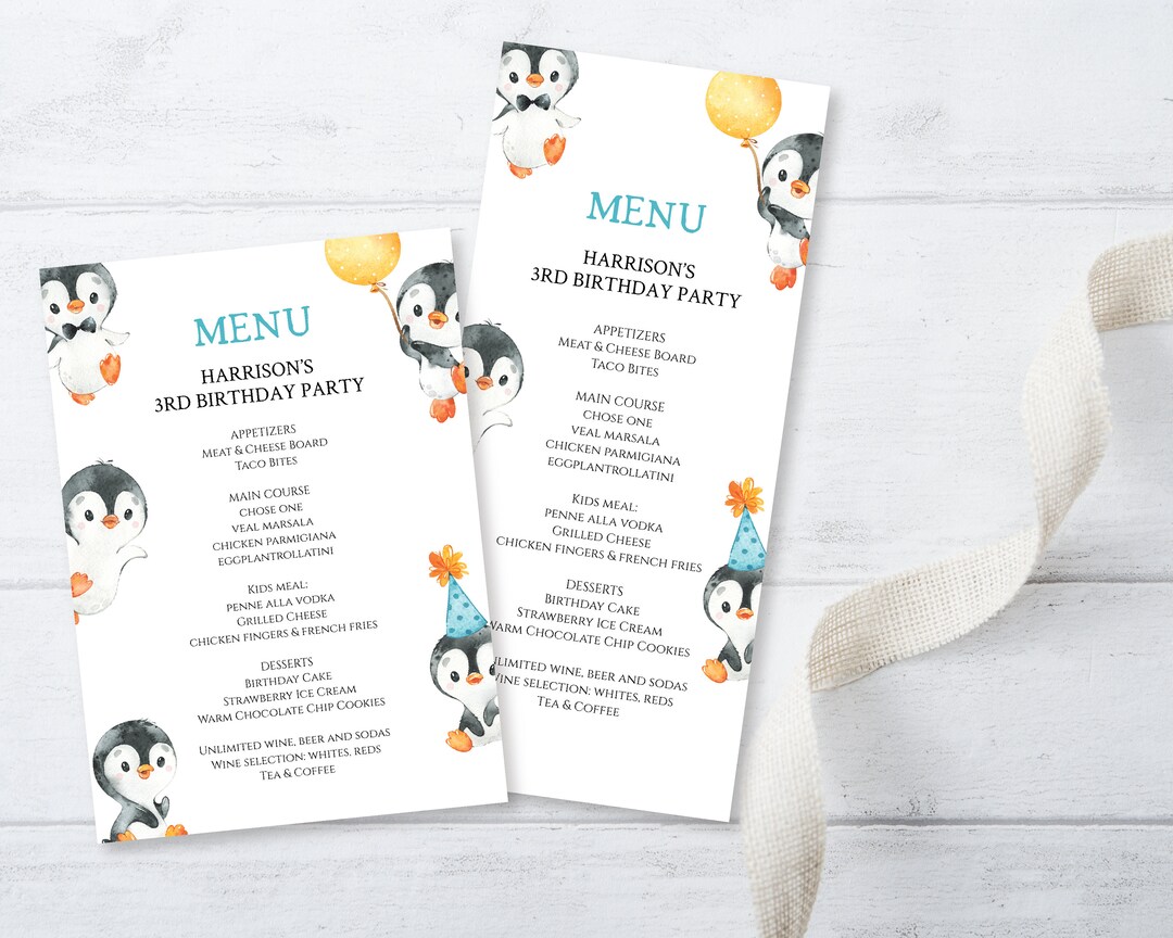 Penguin Birthday Party Menu | Printable Penguin Menu | Child Birthday ...
