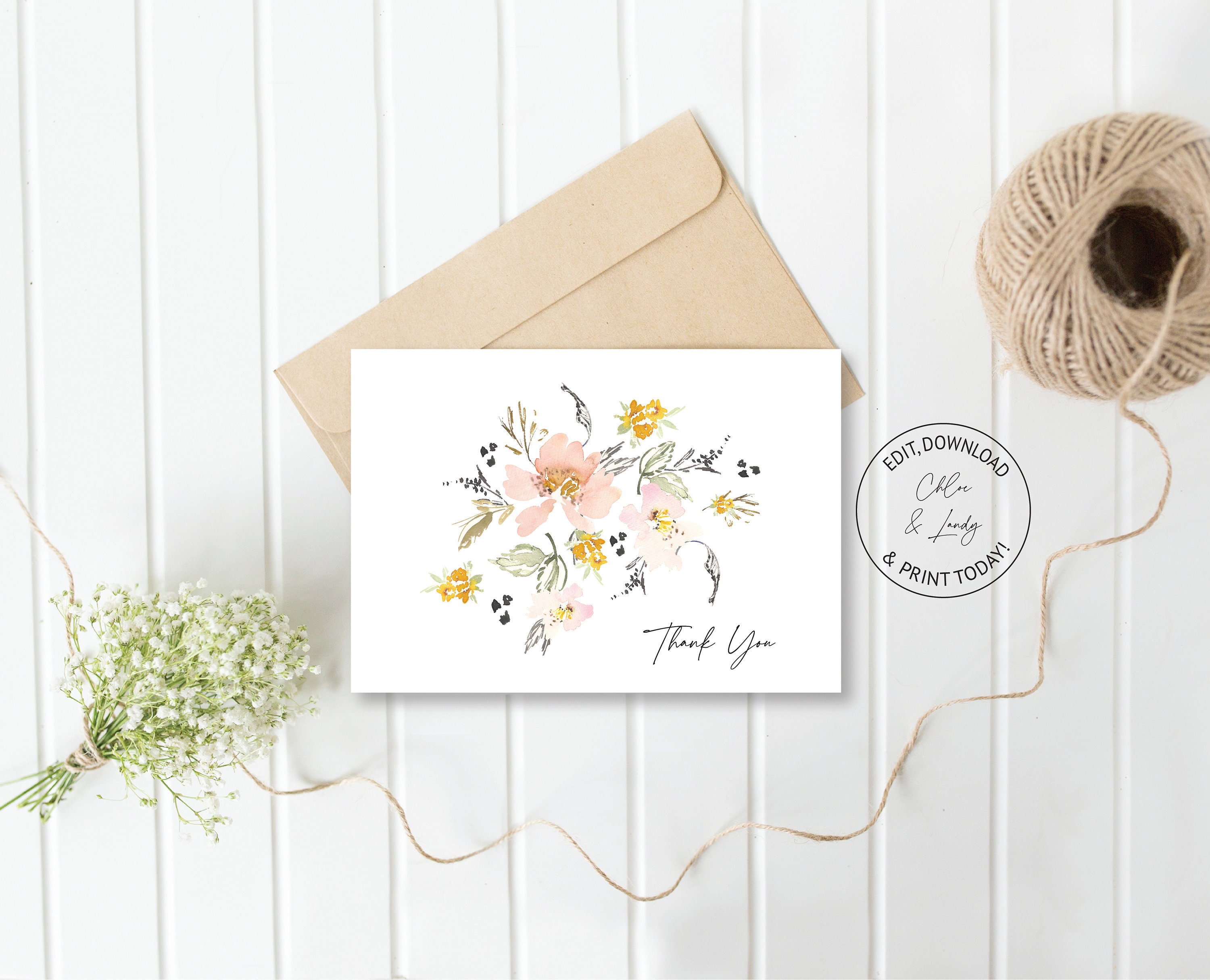 Floral Thank You Card Watercolor Flowers Thank You Notes Etsy