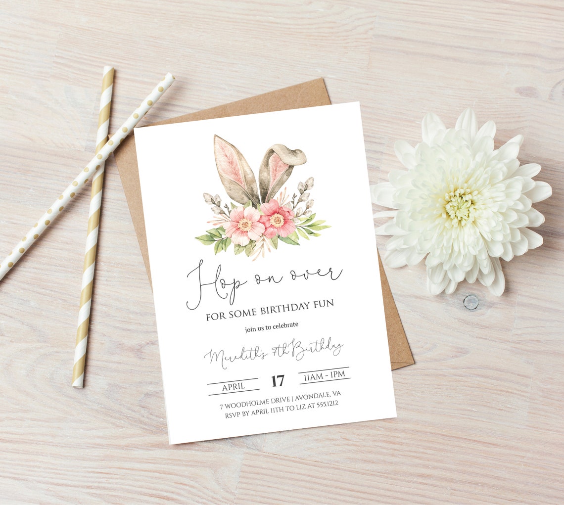 Girl Bunny Birthday Party Invitation Pink Bunny Ears - Etsy