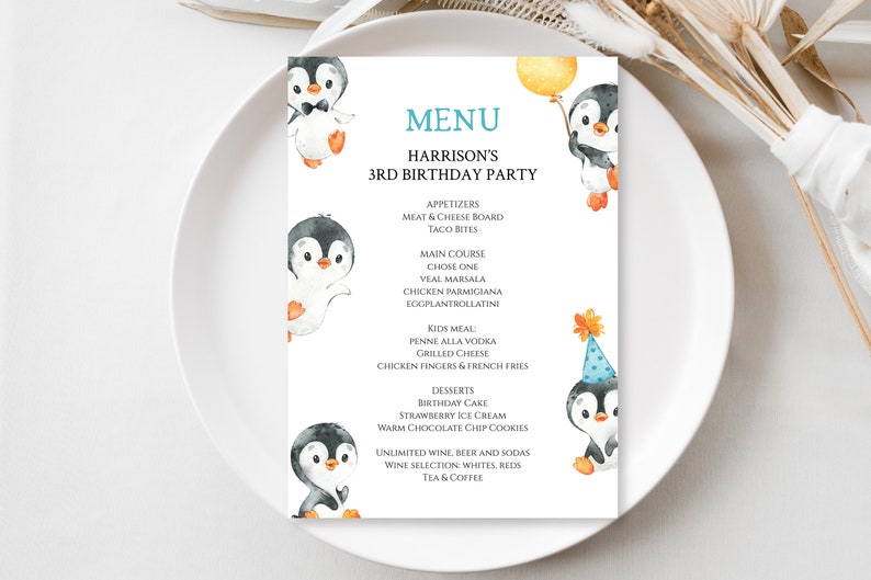 Penguin Birthday Party Menu Printable Penguin Menu Child - Etsy