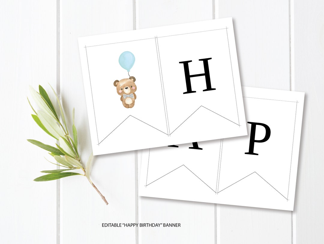 Blue Bear Happy Birthday Banner | Printable Birthay Banner | Printable ...