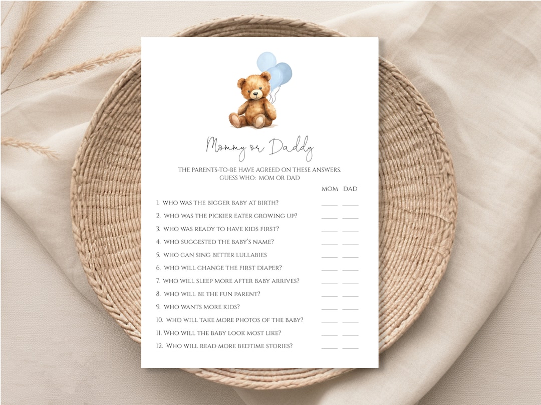 Blue Teddy Bear Baby Shower Mommy or Daddy Game Template | Teddy Baby ...