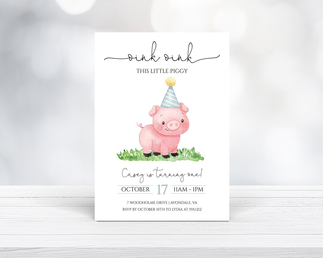 Blue Piggy 1st Birthday Party Invitation | Little Piggy Birthday Party ...