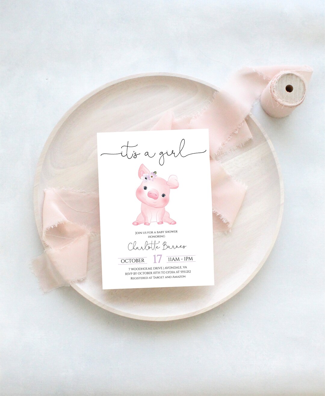Pig Baby Shower Invitation | Girl Pig Baby Shower Invitation, Piggy ...