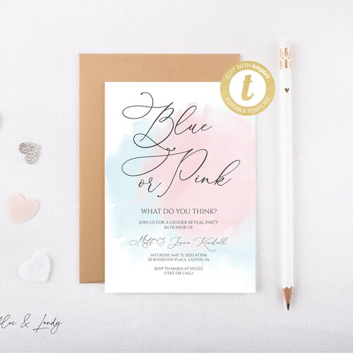 Gender Reveal Text Invitation Editable Template Blue Pink Etsy