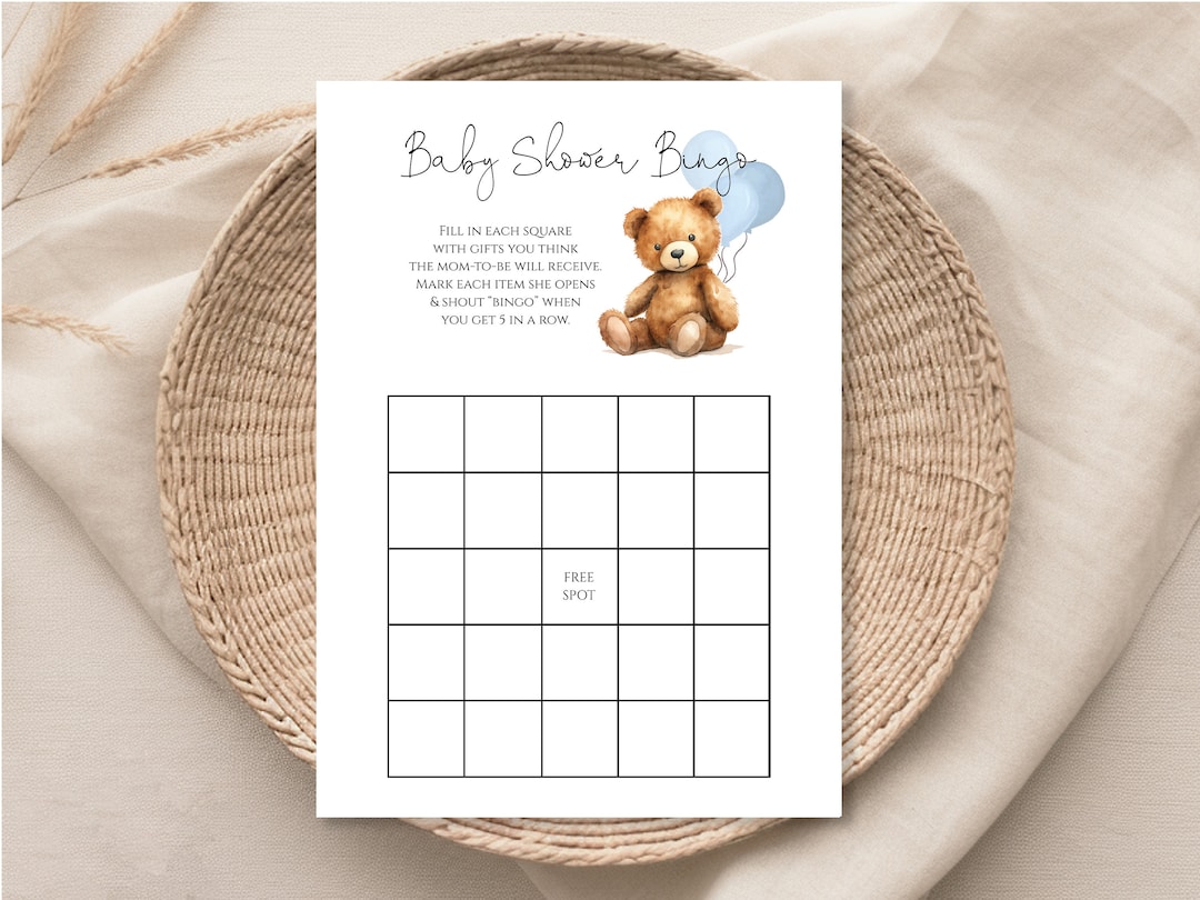 Blue Teddy Bear Baby Shower Bingo Template | Teddy Bear Baby Shower ...