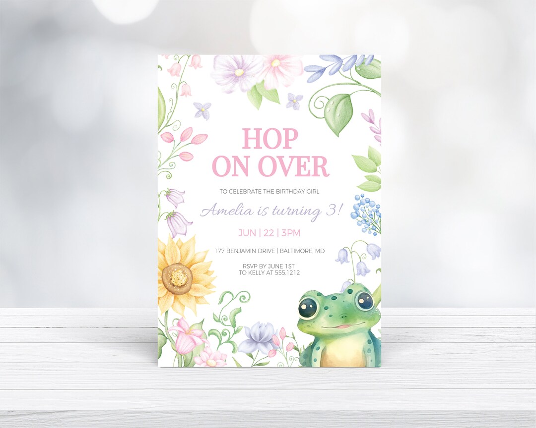 Girl Frog Birthday Party Invitation | Floral Frog Birthday Party ...
