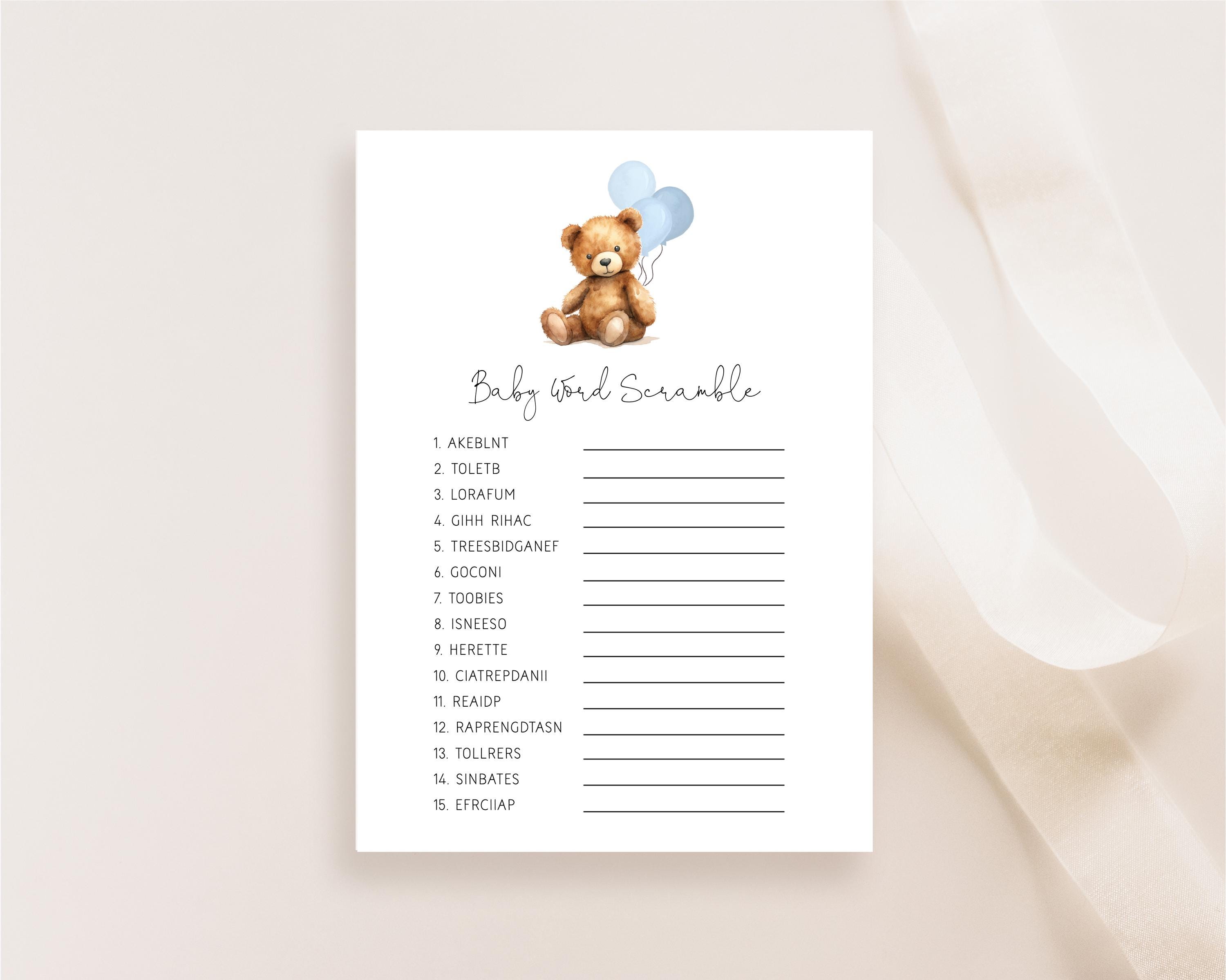 Blue Teddy Bear Baby Shower Game | Boy Baby Shower Word Scramble Shower ...