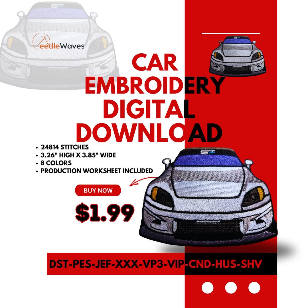 Car Embroidery Digital Pattern, Digital Download Embroidery, 3d Puff ...