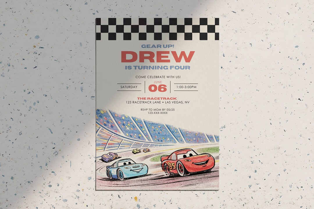 Disney Cars Racing Lightning Mcqueen Modern Birthday Invitation Instant ...
