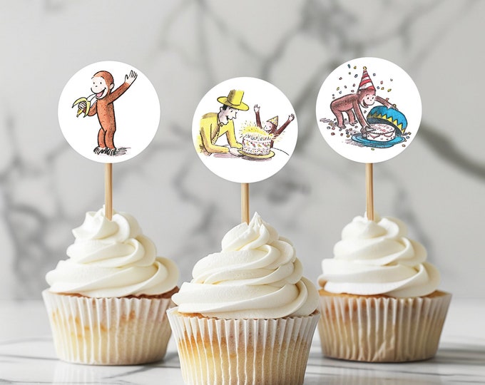 CURIOUS GEORGE Cupcake Toppers 12, Cupcake Flags, Cupcake Toothpick ...