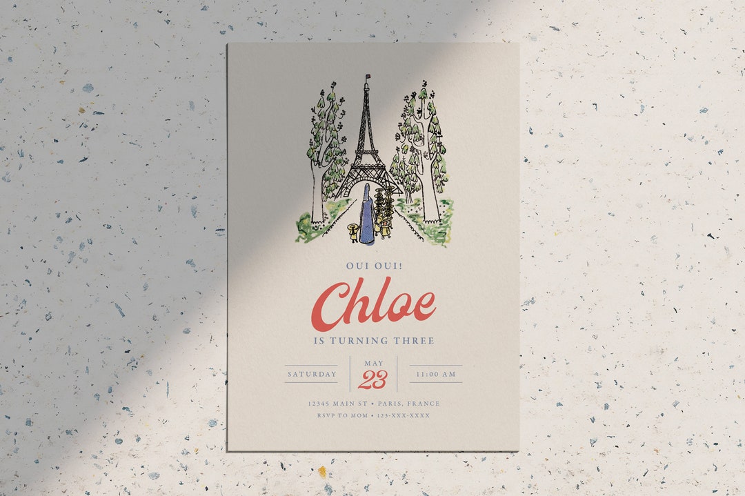 Madeline Vintage Modern Simple French Paris Birthday Party Invitation ...