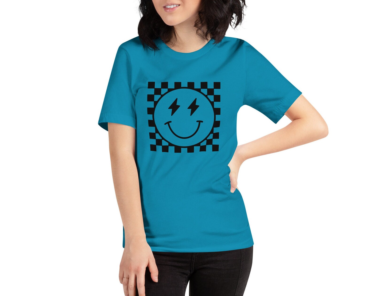 Smiley Checkered Pattern Shirt Lightning Bolt Smiley Shirt Happy Face ...