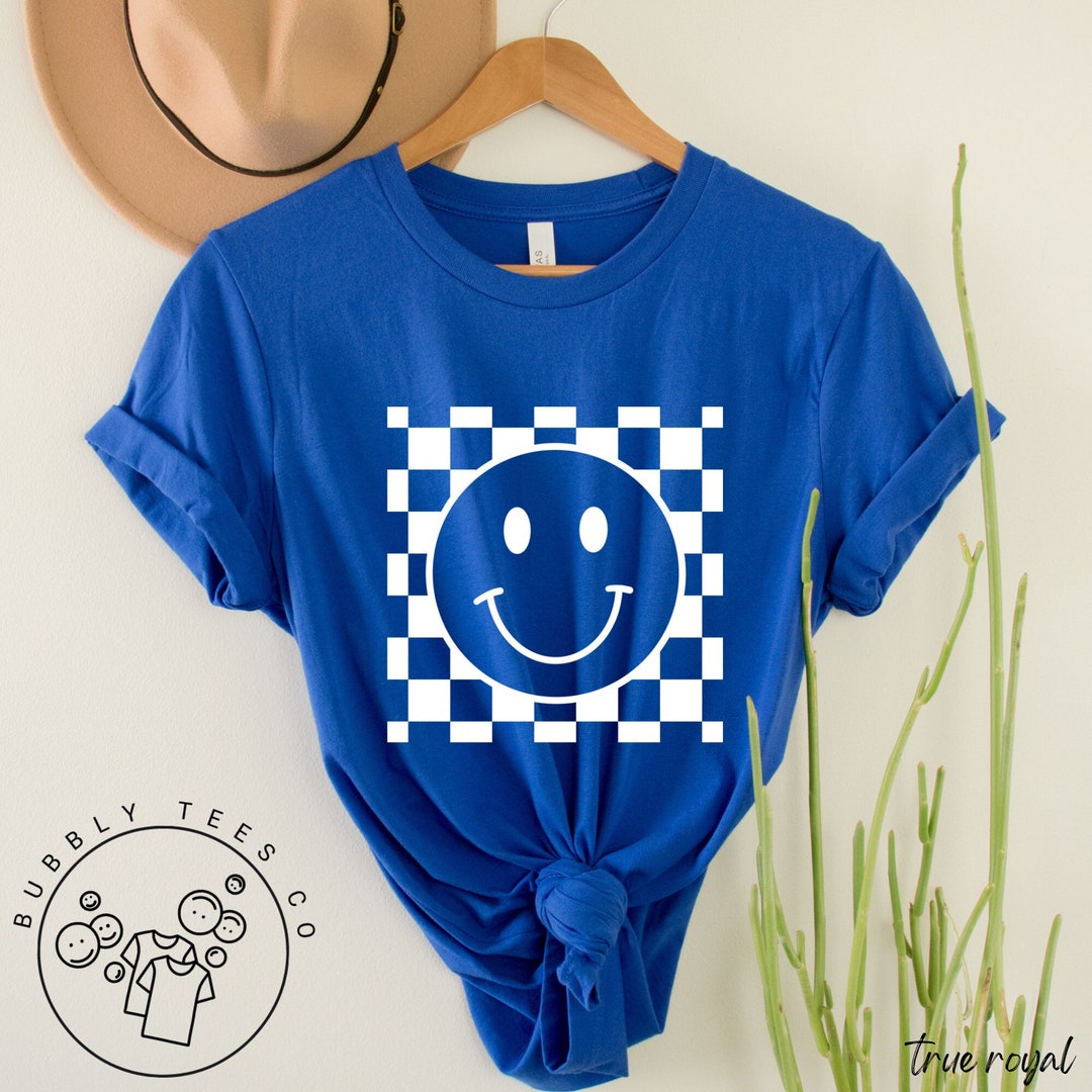 Smile Face Shirt, Smiley Checkered Pattern Graphic Tee, Retro Happy ...