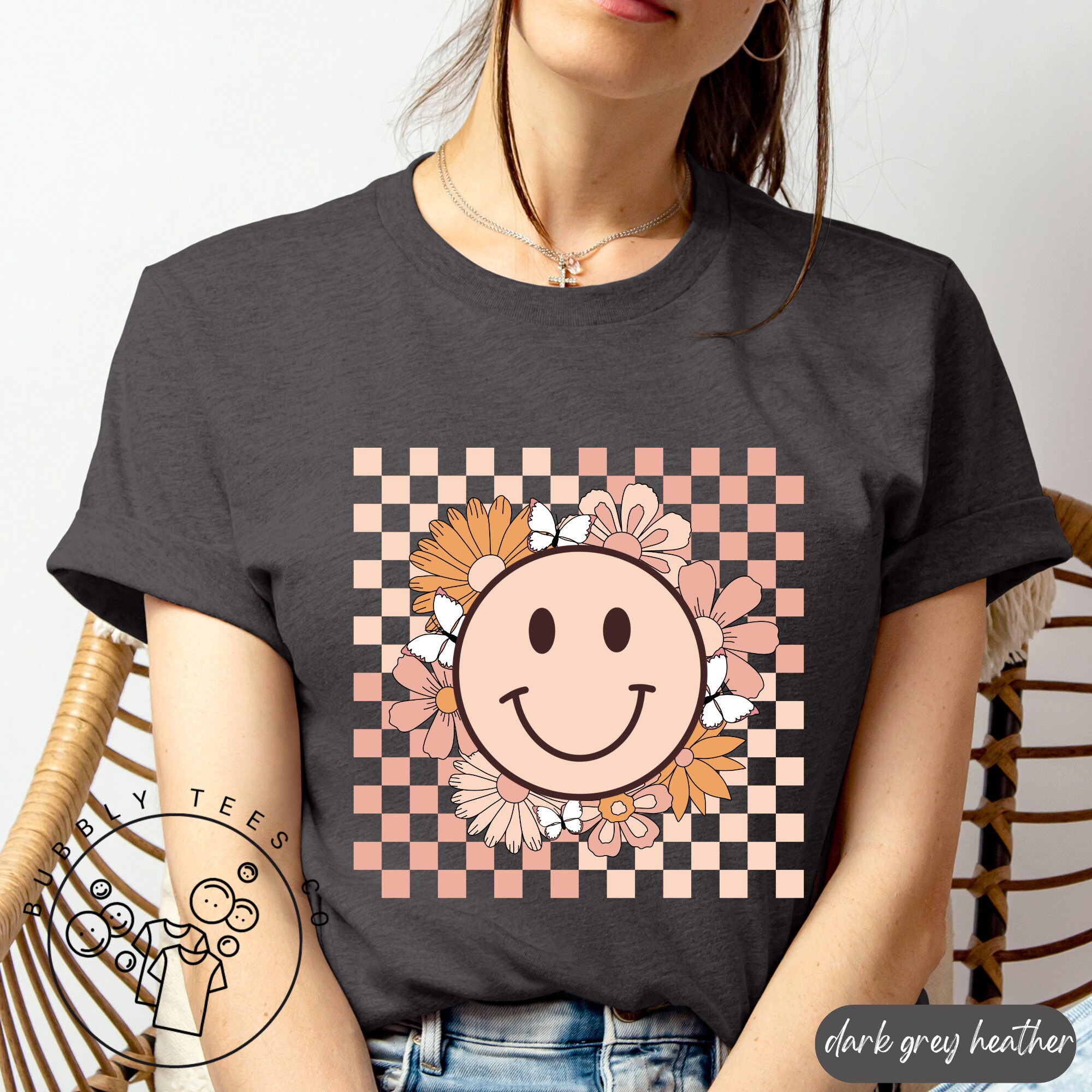 Positivity Smiley Checkered Pattern Shirt Floral Butterfly Tee Teacher ...