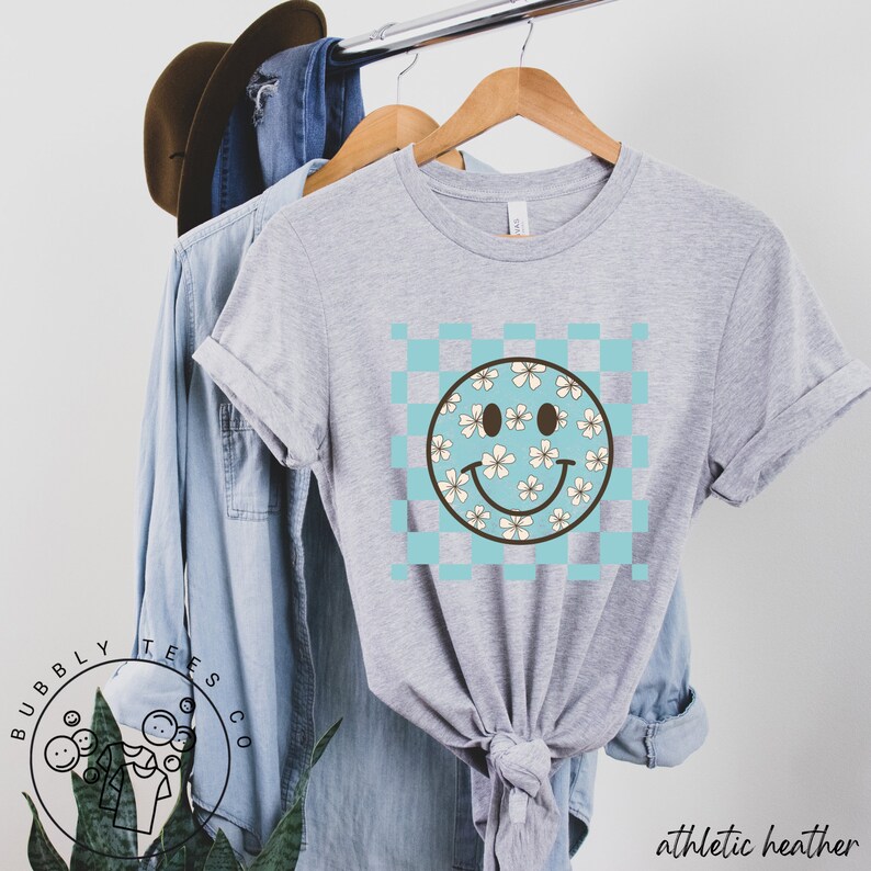 Smiley Flower Shirt, Smiley Checkered Pattern Graphic Tee, Smiley ...