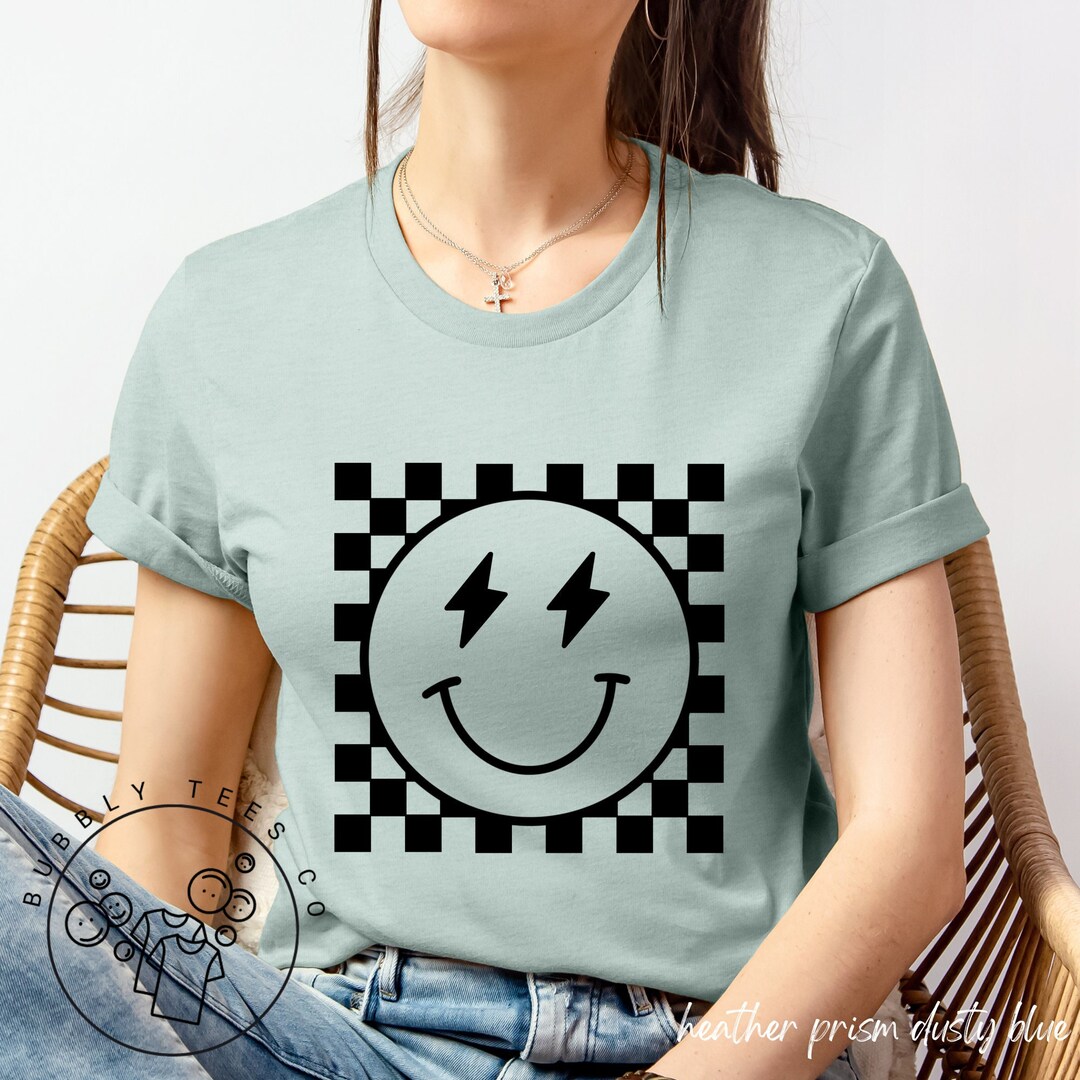 Smiley Checkered Pattern Shirt Lightning Bolt Smiley Shirt Happy Face ...