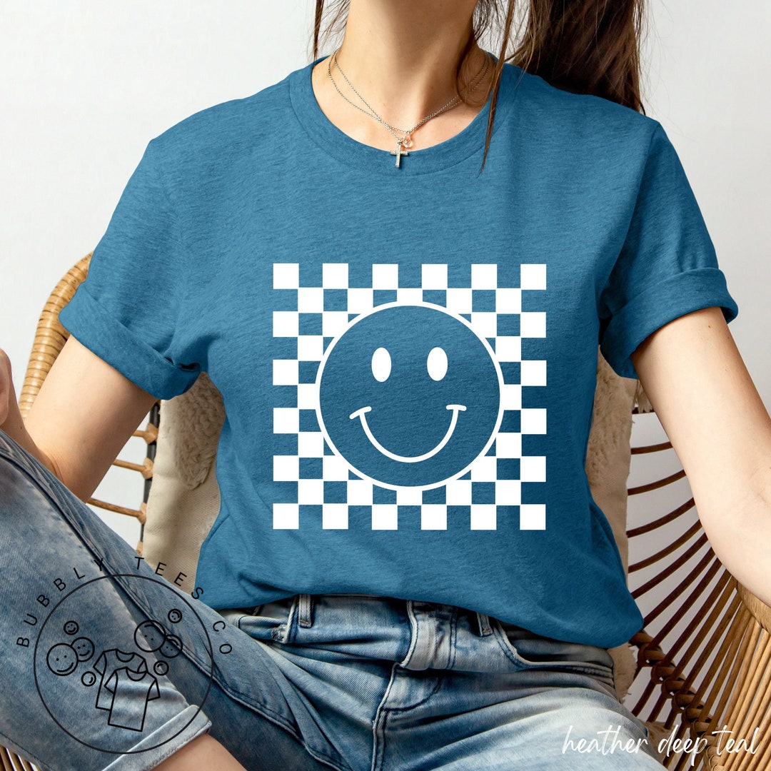 Smiley Checkered Shirt Retro Checkered Tee Happy Face Shirt Positivity ...