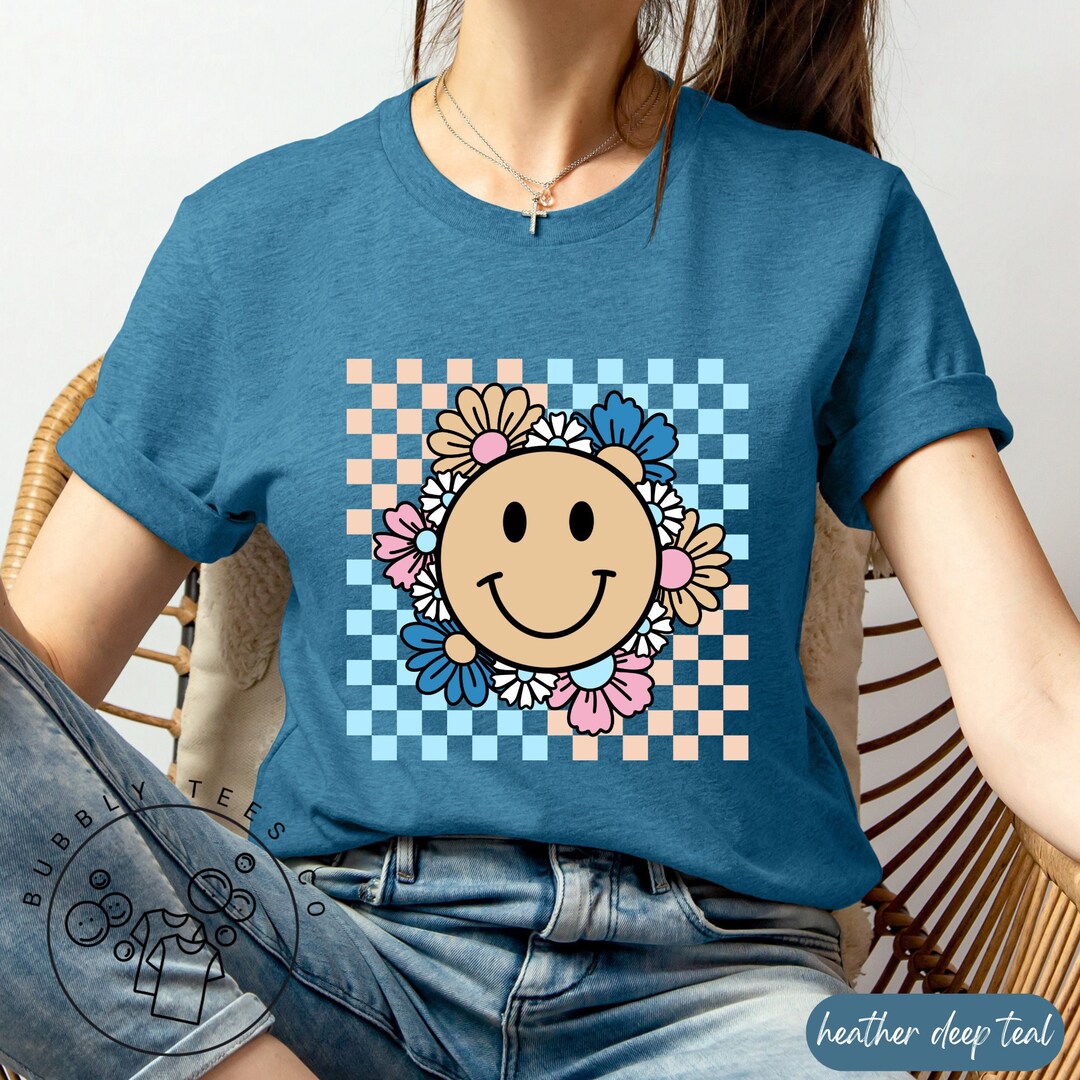 Smiley Floral Checkered Shirt Smile Face Tee Retro Smile Face Shirt ...