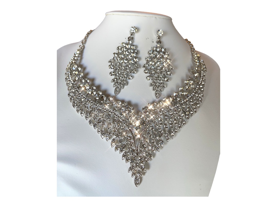 Silver Rhinestone Necklace Earrings Set Wedding Bridal Jewelry Set ...