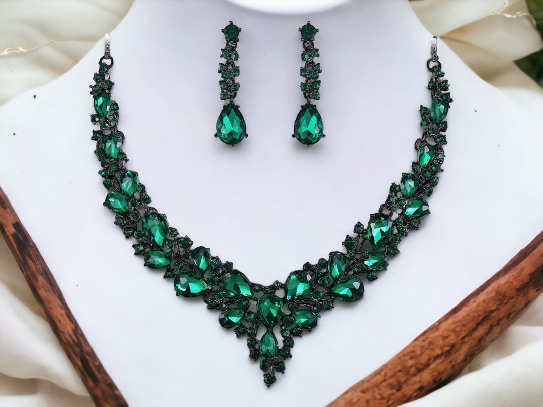 Emerald Green Necklace Earrings Bracelet Ring Set Green Bridal Jewelry ...