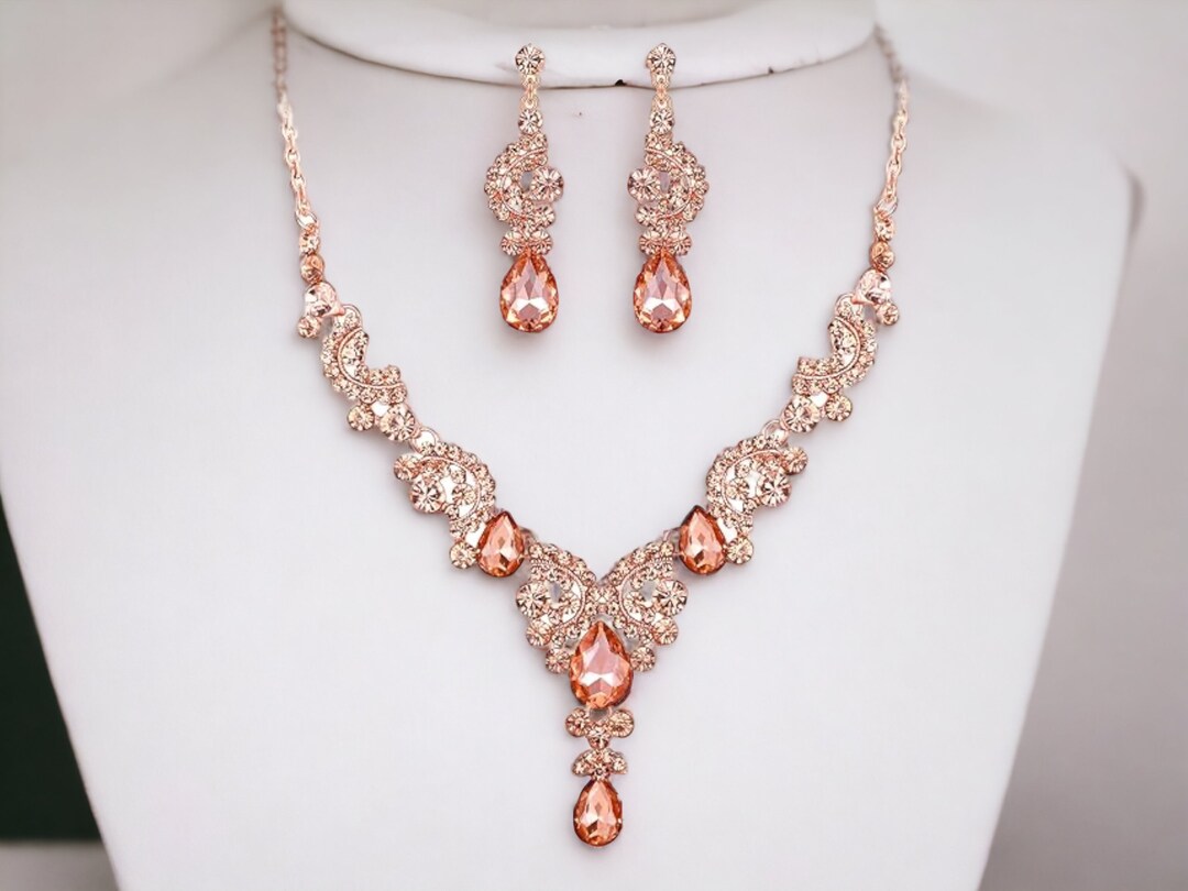 Rose Gold Earrings Necklace Bracelet Set Rose Gold Bridal Jewelry Set ...