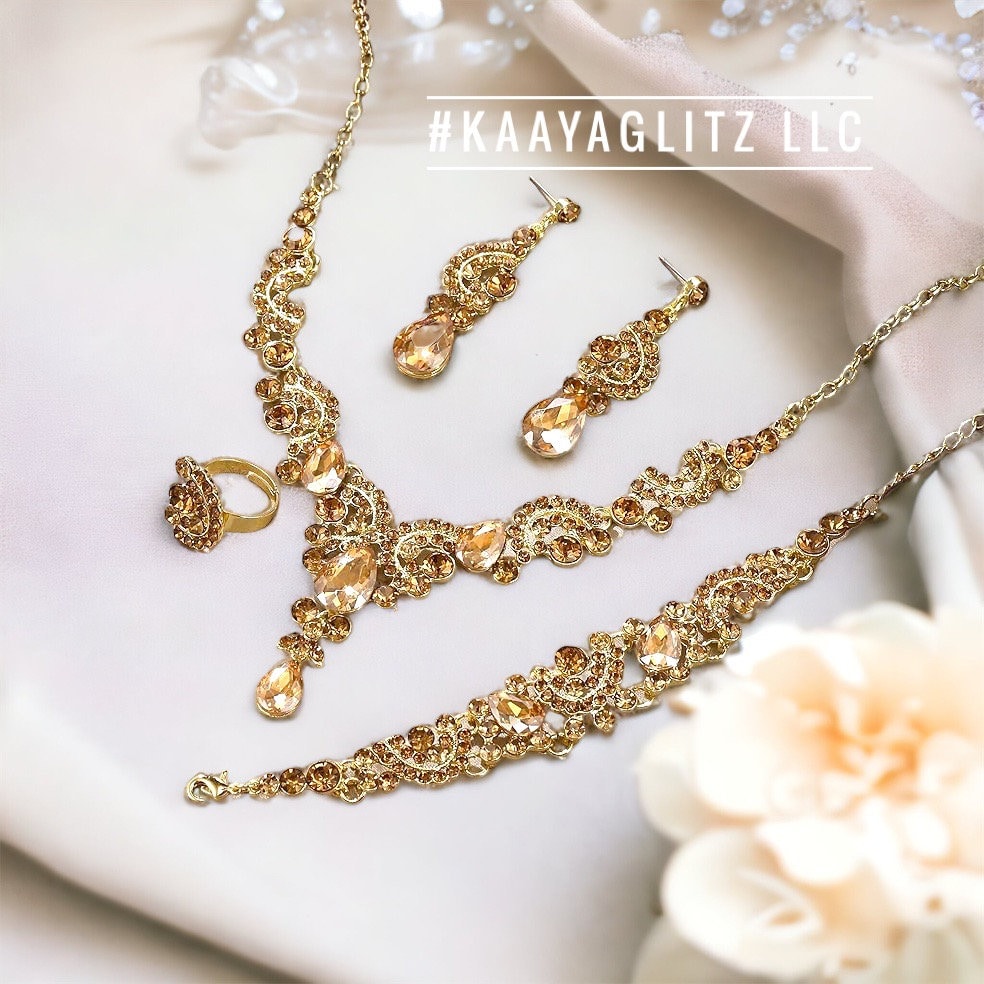 Gold Necklace and Earrings Set Bracelet Ring Gold Bridal Jewelry Set Gold Prom Necklace Gold Wedding Jewelry Rhinestone Statement Earrings Etsy