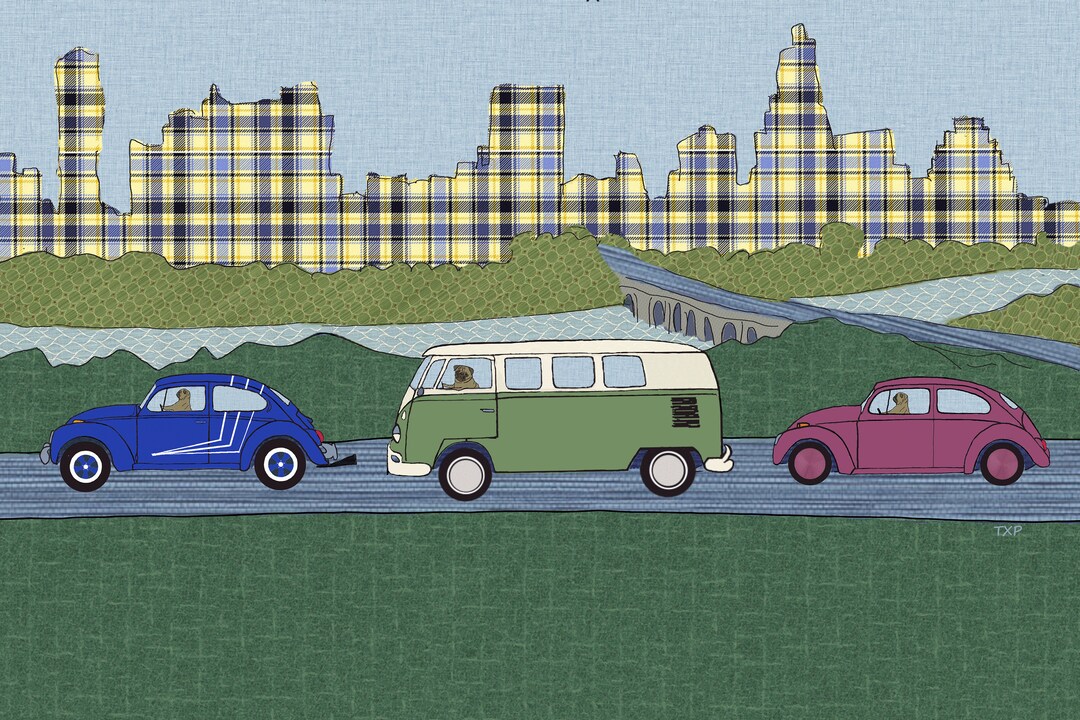 Pugs in V-dubs, Pug Art Print, VW Art Wall Decor, Austin Skyline ...