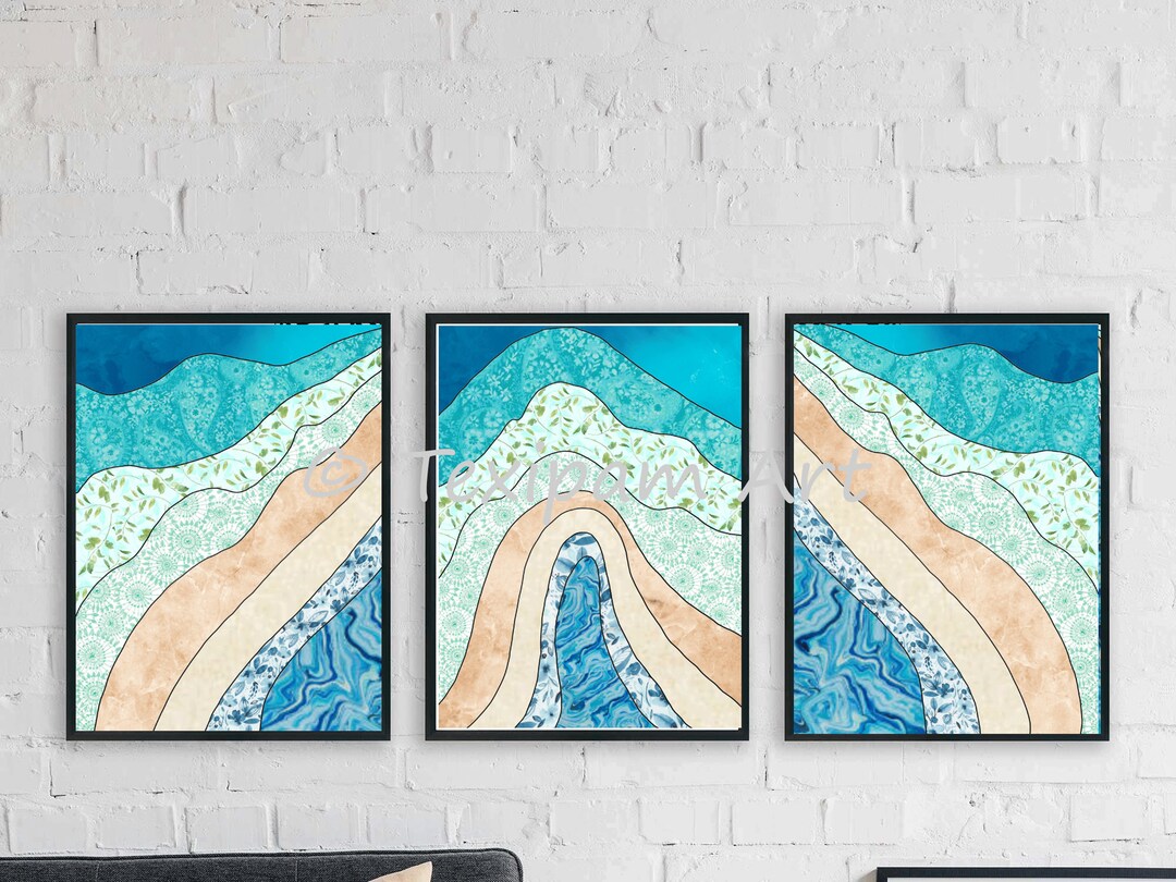 Abstract Art PRINT, Set of 3, Seaside Abstract, Waves, Blues, Neutrals ...