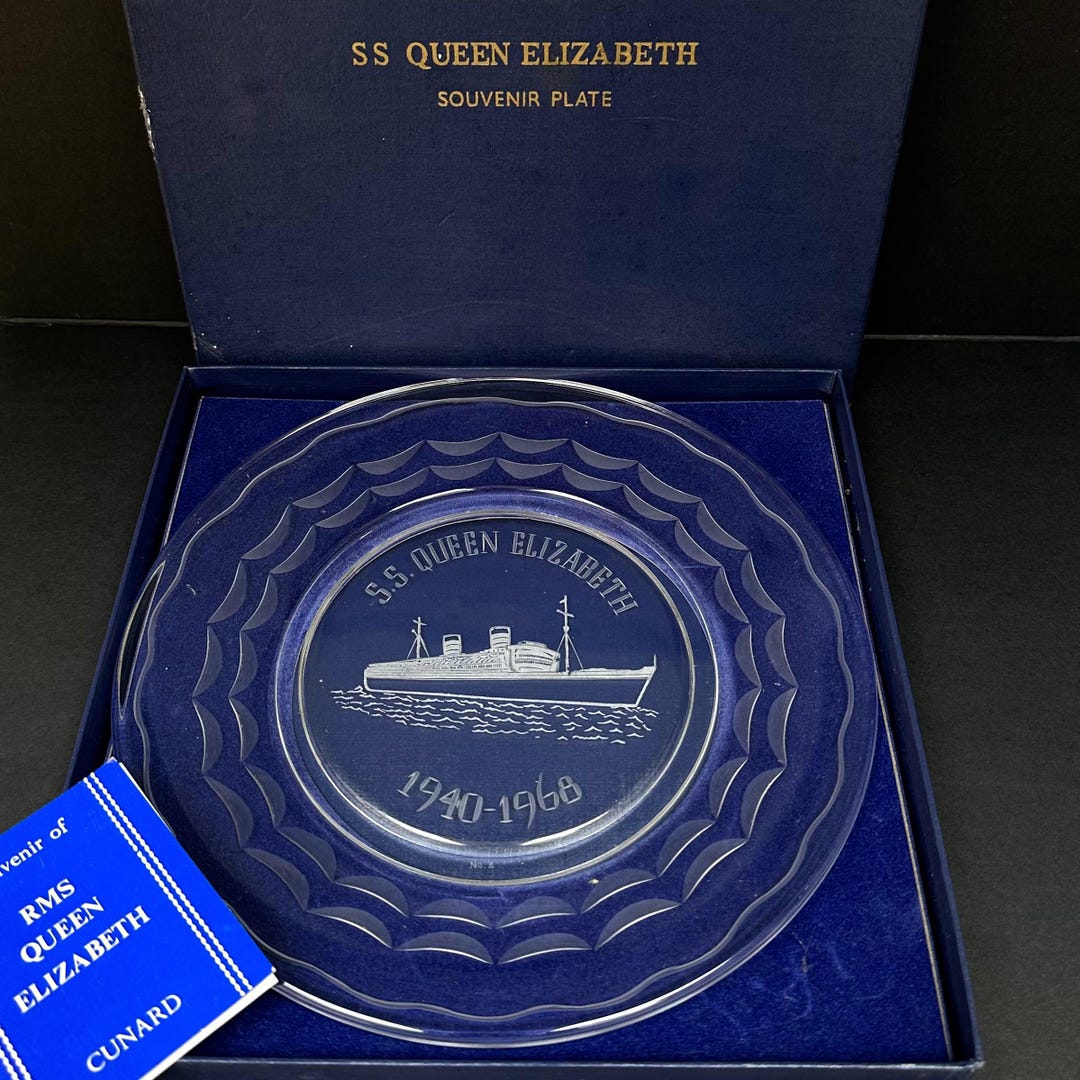 RMS Queen Elizabeth Cunard Liner Plate: Stuart Crystal Glass, Original ...