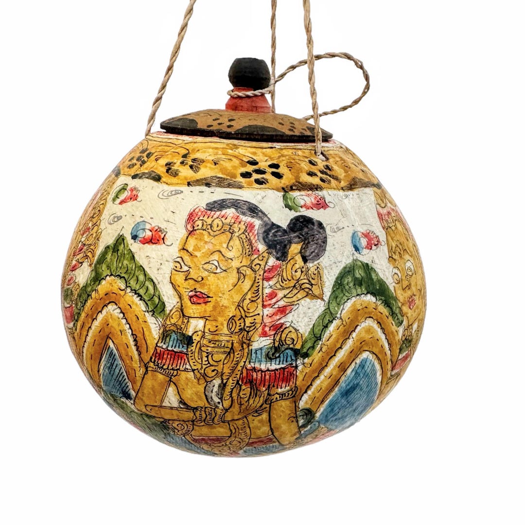 Vintage Native Balinese Hand Painted Coconut Shell Hanging Lidded Pot ...