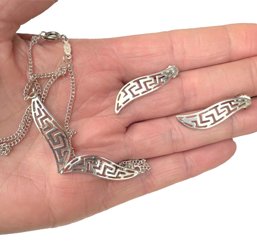 Vintage Sterling Silver Greek Key Necklace and Earrings Set - Etsy
