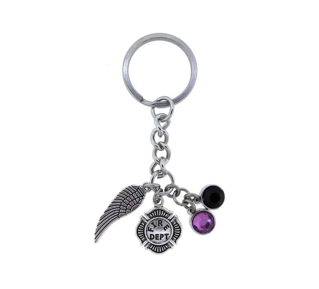 Firefighter Memorial Keychain, Angel Wing With Purple and Black Crystal ...
