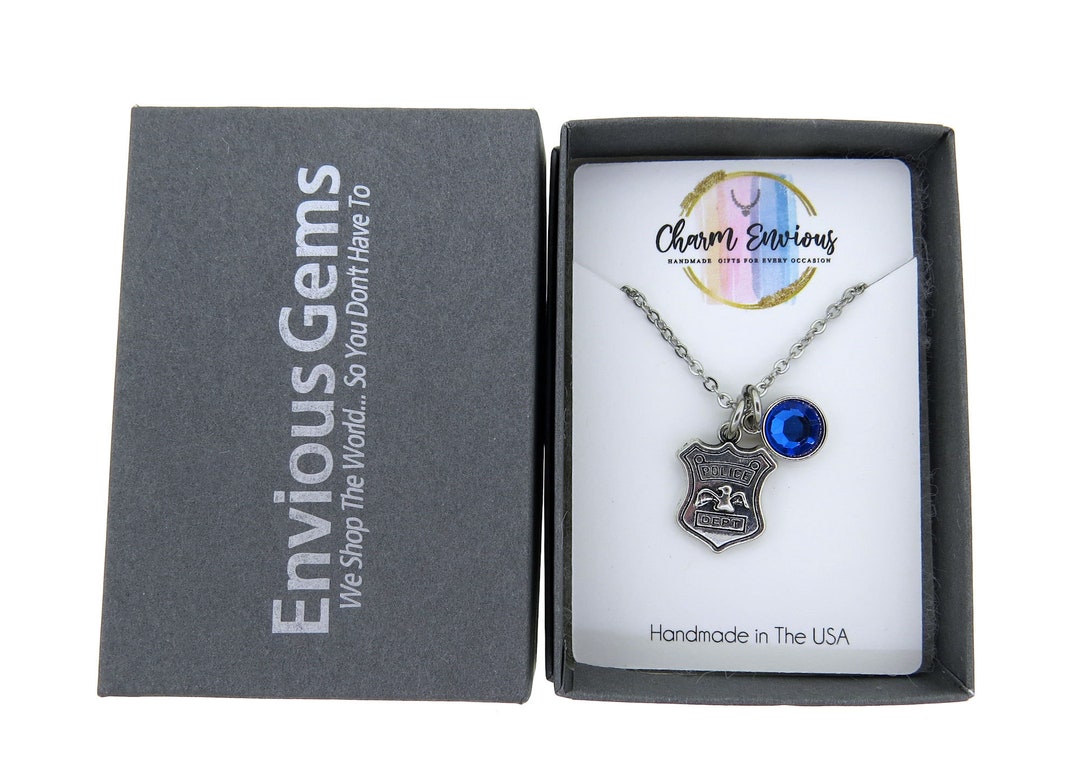 Police Dept. Badge / Shield With Blue Crystral Charm Pendant Necklace ...