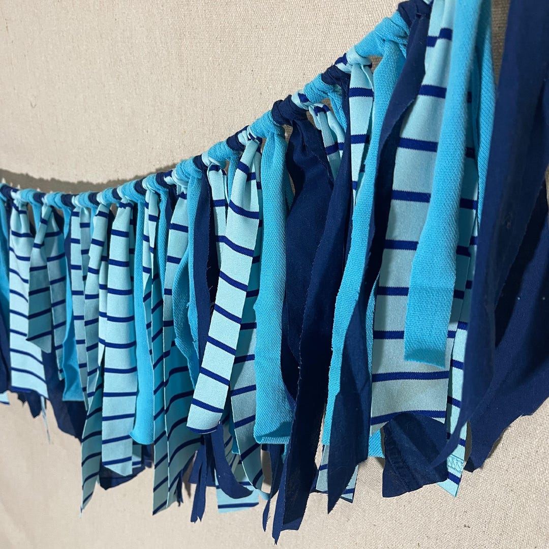 Navy Blue, Light Blue and Striped Fabric Rag Garland, Upcycled Rag ...