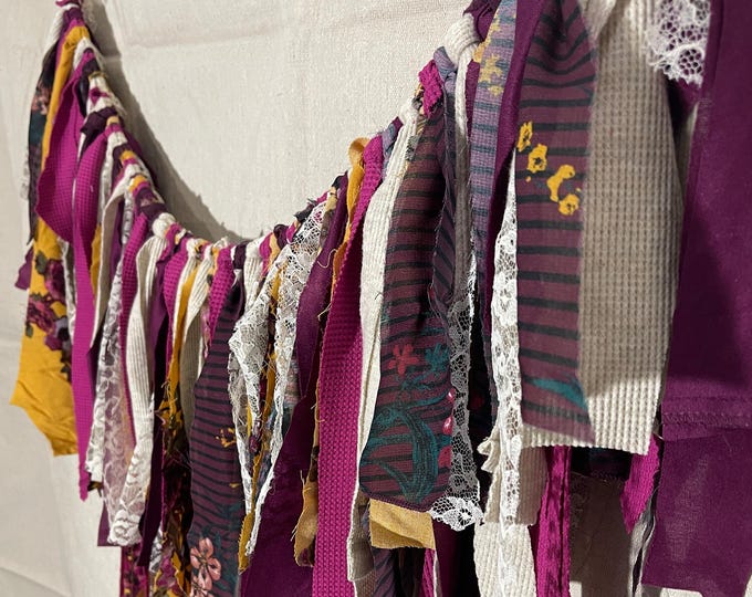 Large Maroon, Gold and Lace Boho Style Fabric Rag Garland, Upcycled Rag ...