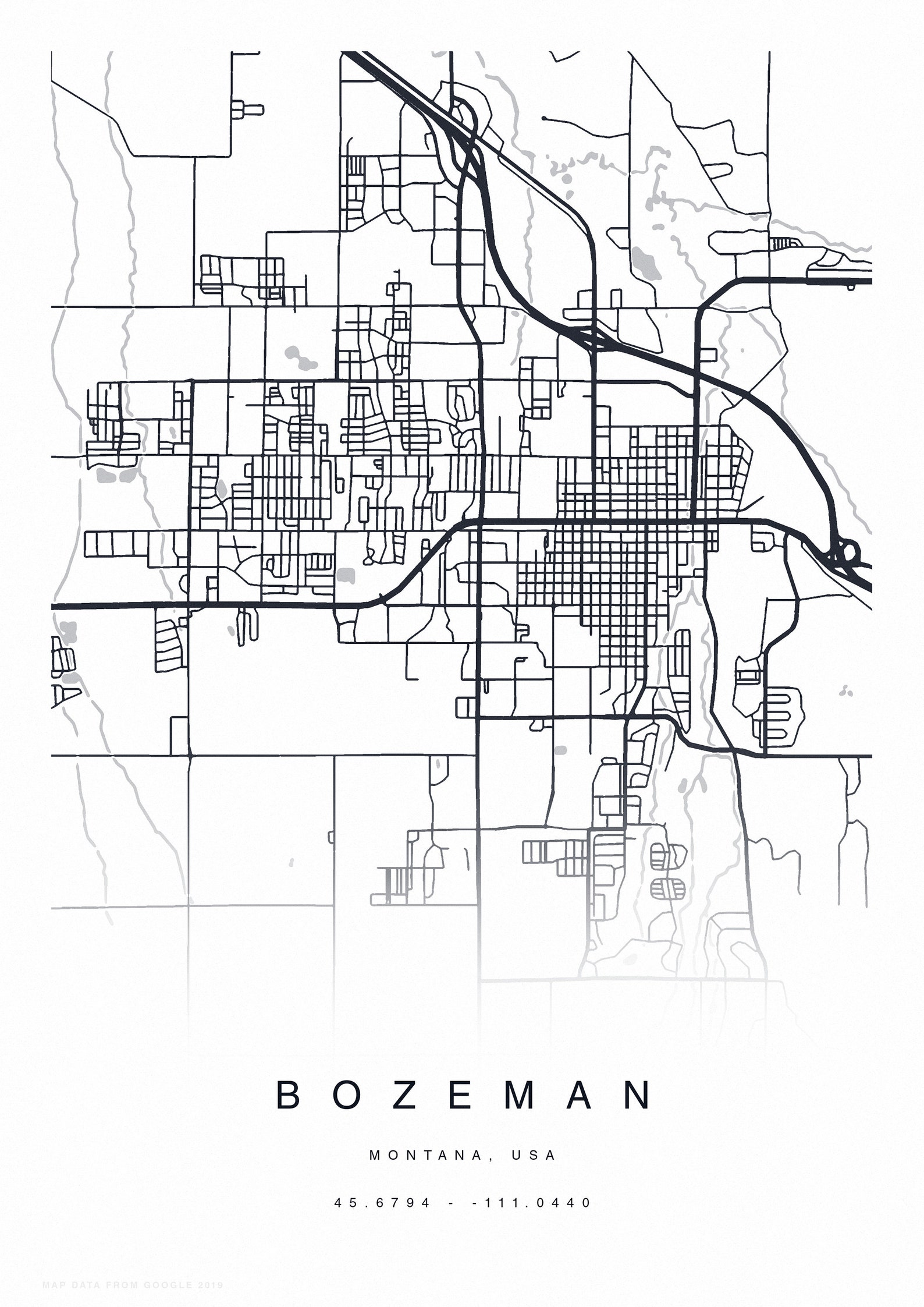 Printable Bozeman Map Print Street Map Of Bozeman Bozeman Etsy