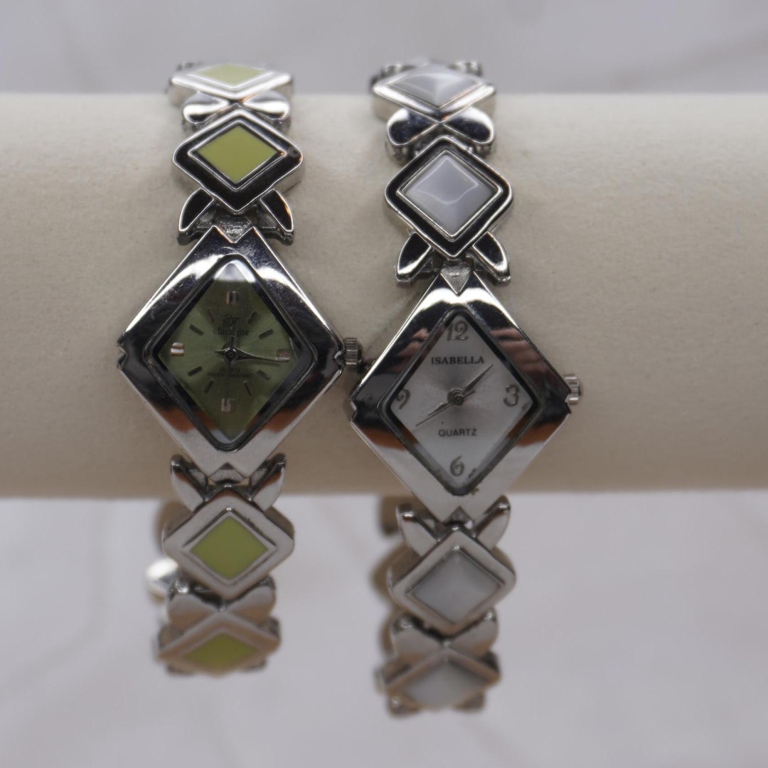Vintage Diamond-shaped Bracelet Watches Set | Silver Tone Enamel Link ...
