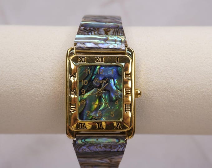 Vintage Pearl Abalone Shell Watch | Gold Rectangular Case & Inlay Band ...