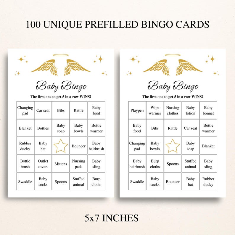100 Printable Angel Baby Shower Bingo Cards, Prefilled Baby Shower Gift ...