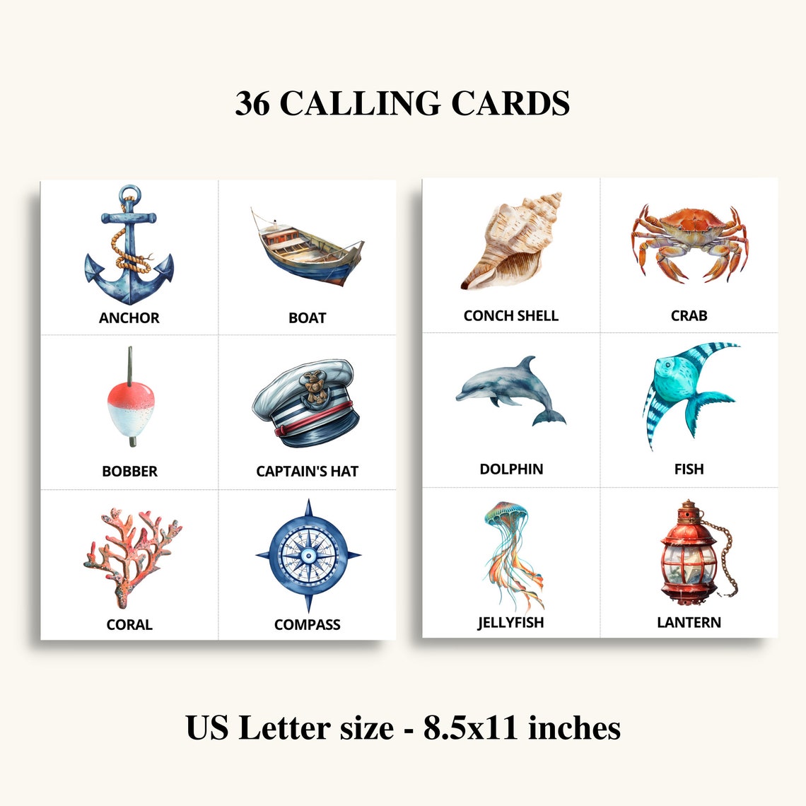 50 Printable Nautical Picture Bingo Cards, Nautical Birthday Party ...