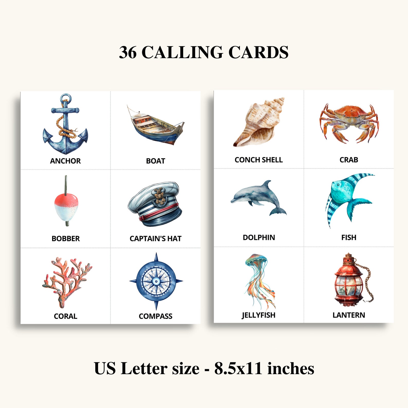 50 Printable Nautical Picture Bingo Cards, Nautical Birthday Party ...