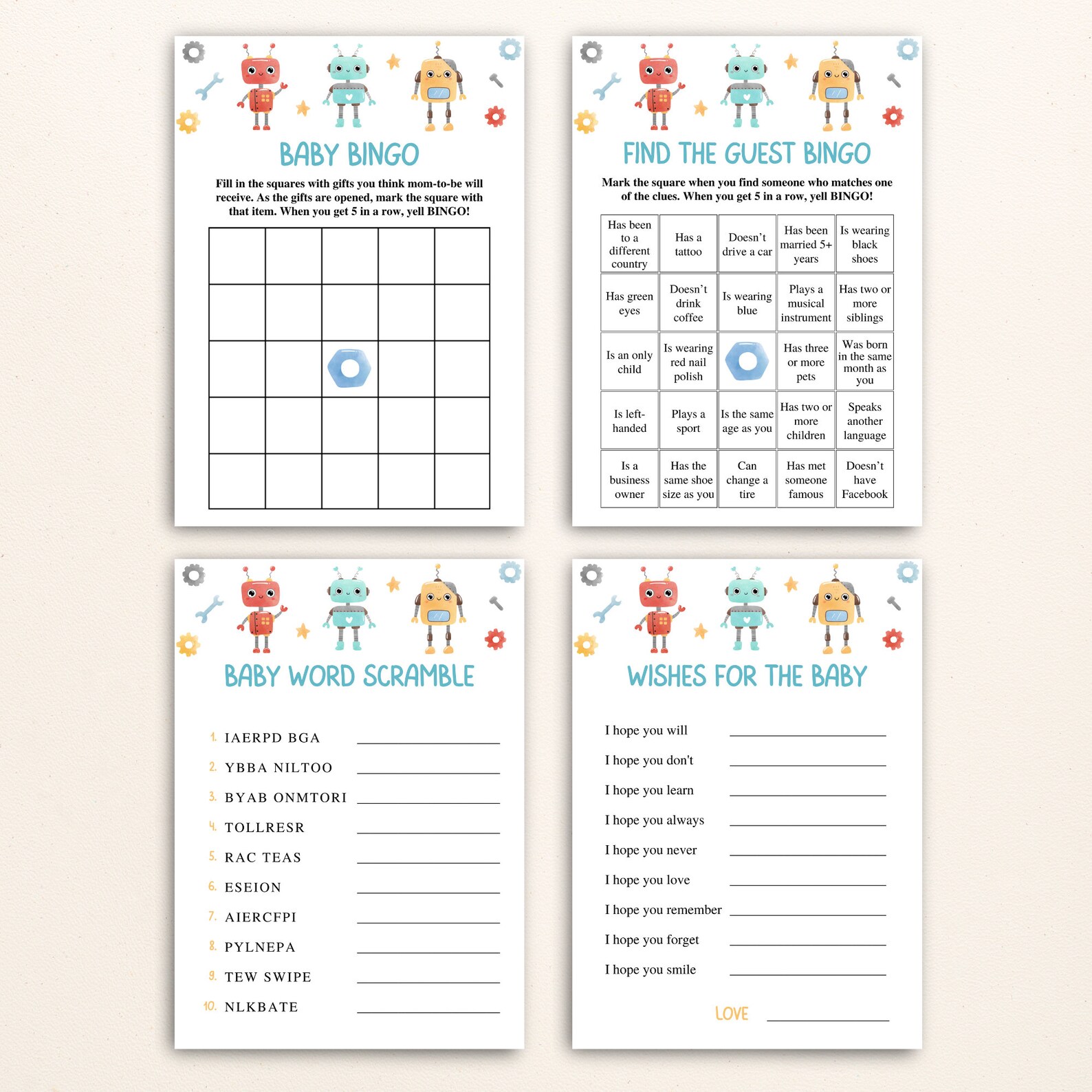 16 Printable Robot Baby Shower Games 5x7'' Boy Baby Shower Game Bundle ...