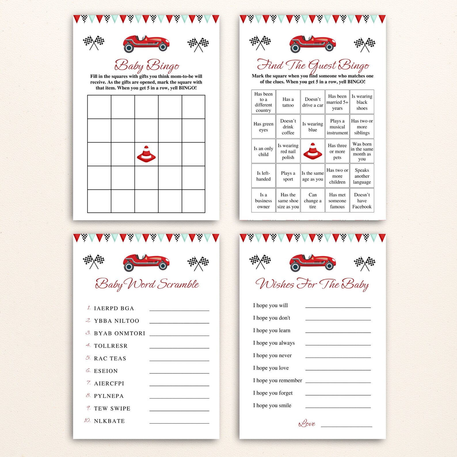 16 Printable Racing Baby Shower Games Race Car Baby Shower Game Bundle ...