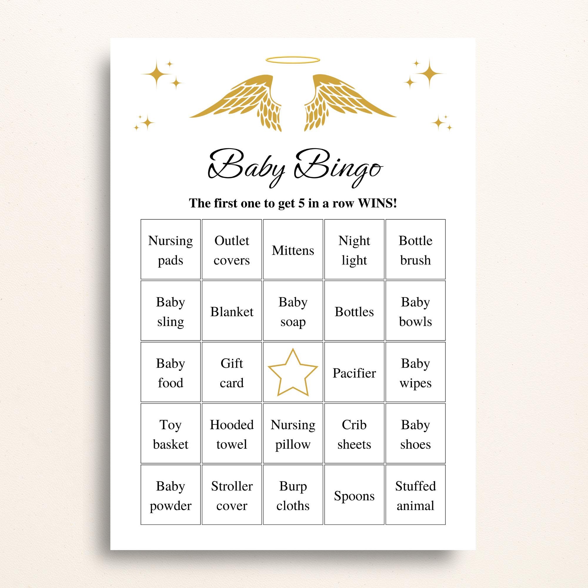 100 Printable Angel Baby Shower Bingo Cards, Prefilled Baby Shower Gift ...