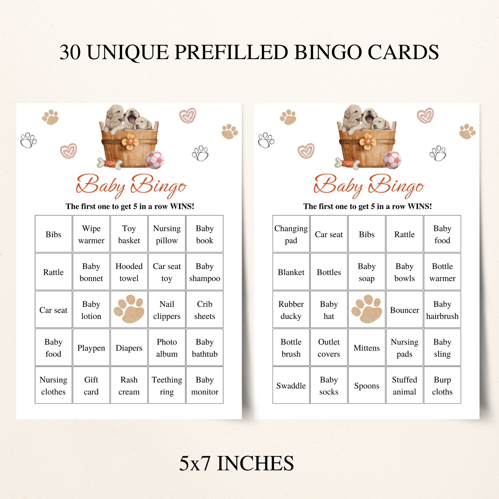 30 Printable Puppy Baby Shower Bingo Cards | 5x7'' Prefilled Baby Bingo ...