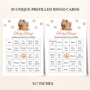 30 Printable Puppy Baby Shower Bingo Cards | 5x7'' Prefilled Baby Bingo ...