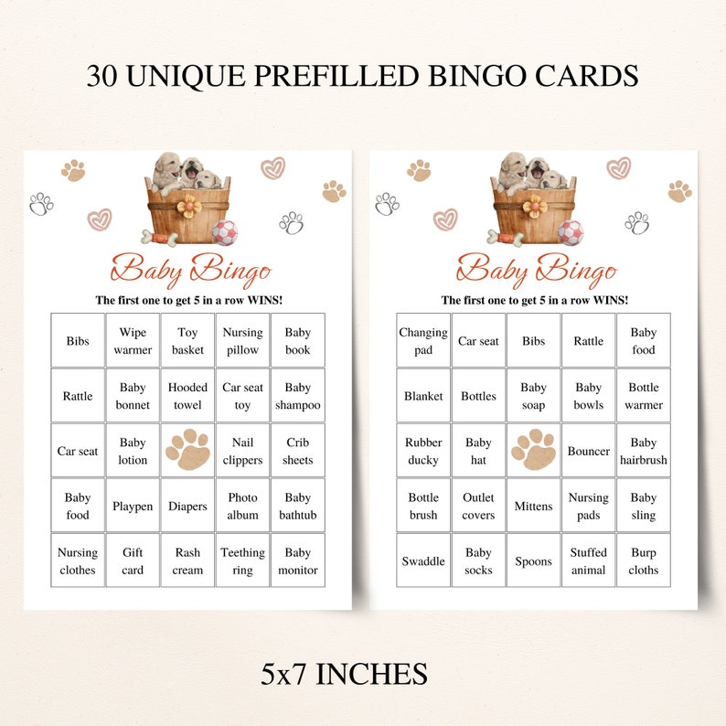 30 Printable Puppy Baby Shower Bingo Cards | 5x7'' Prefilled Baby Bingo ...