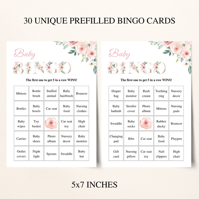 30 Printable Prefilled Baby Shower Bingo Cards, Floral Baby Shower ...
